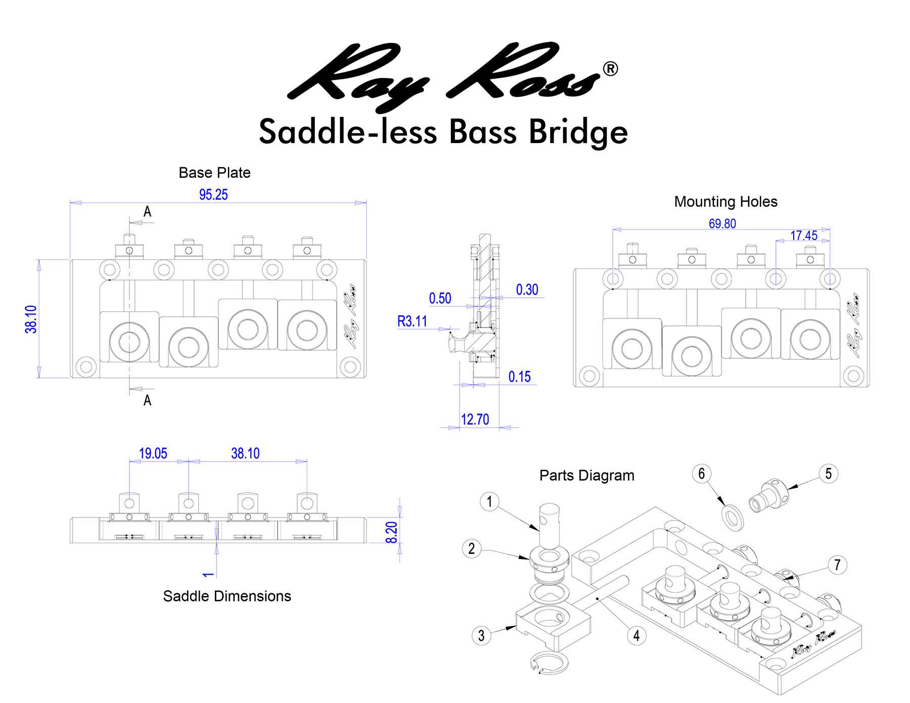 Shop Ray Ross Saddle-Less 4-String Bass Bridge Online